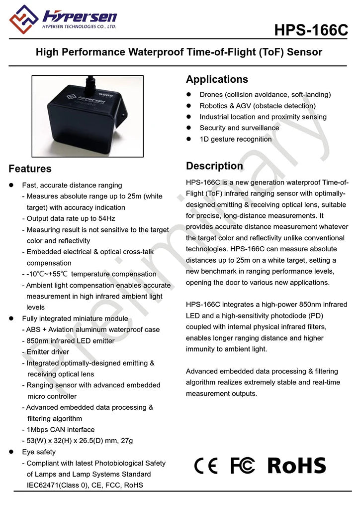 ToF Time of Flight Measuring Sensor Transducer Hypersen HPS-166C AGV 2– Sensorlidar